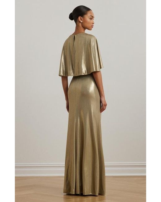 Ralph Lauren Metallic Cape Overlay Jersey Column Gown in Natural | Lyst