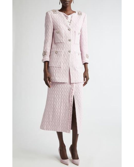 St. John Crystal Embellished Honeycomb Tweed Longline Jacket in Pink | Lyst