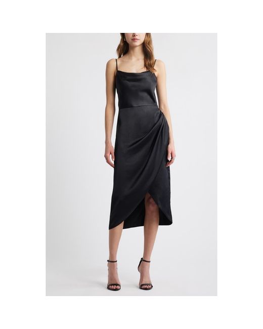 Open Edit Cowl Neck Satin Midi Dress in Black | Lyst
