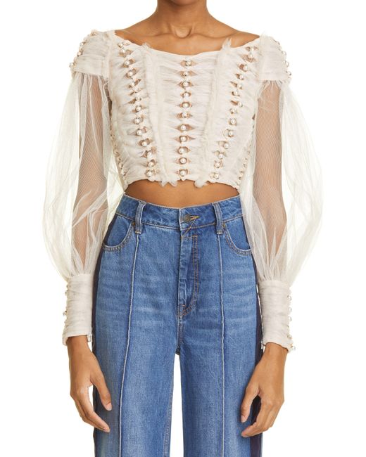 Zimmermann Rhythmic Off The Shoulder Tulle Crop Top In Blue Lyst