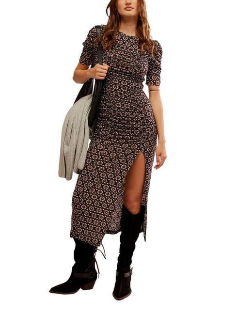 Free People Floral Mesh Side Slit Dress in Brown | Lyst