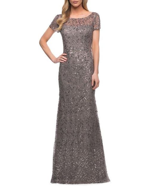 La Femme Beaded Long Dress With Illusion Top And Sleeves in Brown | Lyst