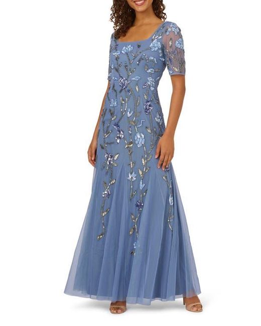 Adrianna Papell Sequin Floral Mesh Mermaid Gown in Blue | Lyst