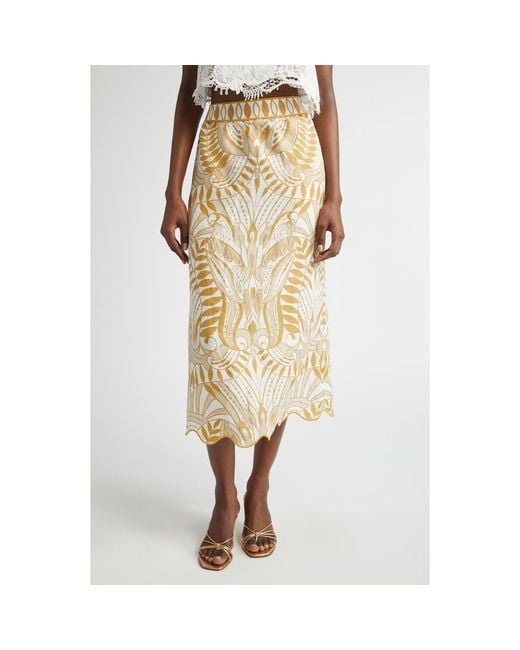FARM Rio Lace Nature Linen Midi Skirt in Metallic | Lyst