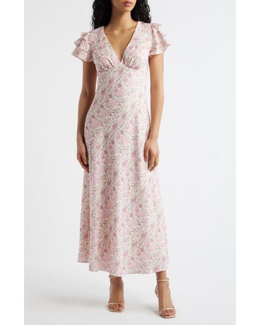 Lulus Vienna Floral Flutter Sleeve Maxi Dress in Pink | Lyst