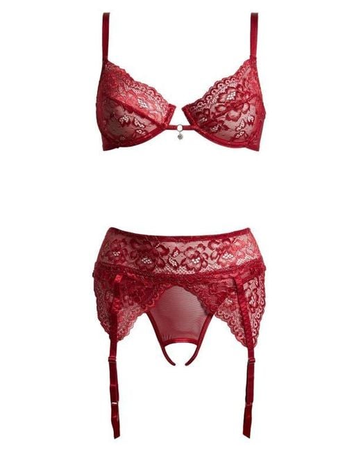Coquette Lace Underwire Bra & Crotchless Garter Panty Set in Red | Lyst