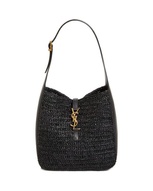 Saint Laurent Small Le 5 À 7 Woven Raffia Hobo Bag in Black | Lyst