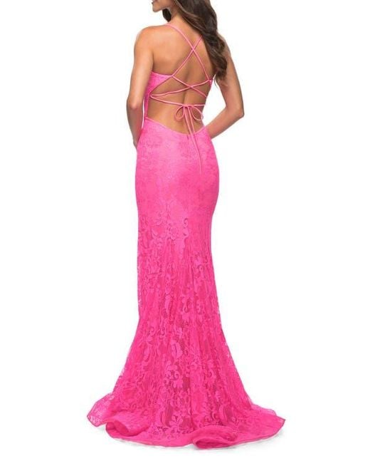 La Femme Neon Lace Prom Gown With Sheer Bodice And Tie Up Back in Pink ...