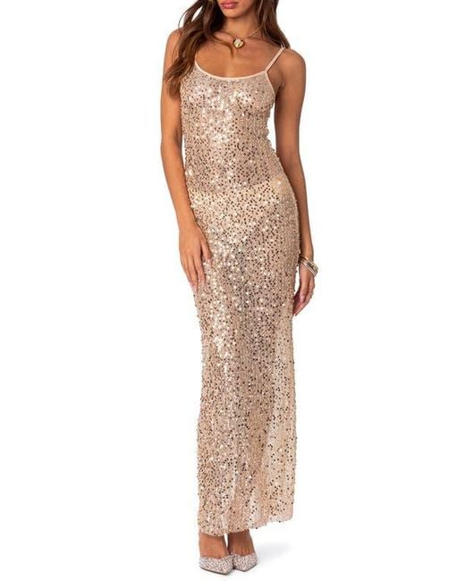 Edikted Sheer Mesh Sequin Maxi Dress in Natural | Lyst