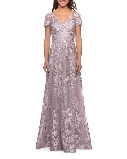 La Femme Long Lace Evening Dress With Cap Sleeves in Purple | Lyst