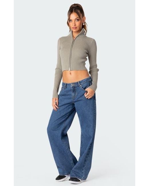 Edikted Crop Front Zip Rib Cardigan in Gray | Lyst