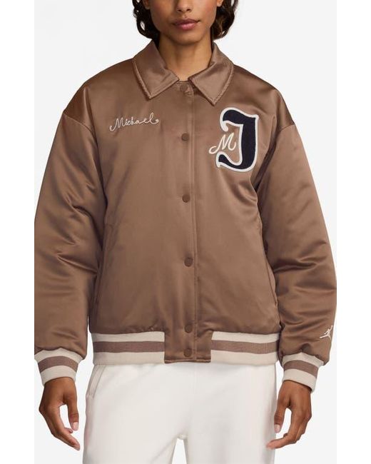 Nike Chenille Patch Satin Varsity Bomber Jacket in Brown | Lyst