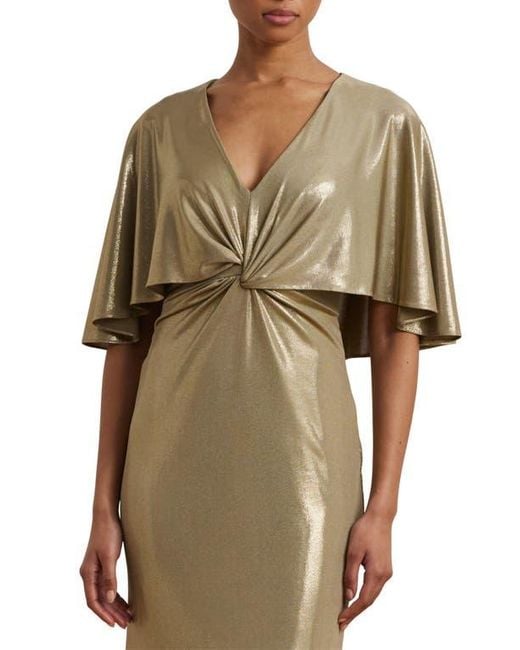 Ralph Lauren Metallic Cape Overlay Jersey Column Gown in Natural | Lyst