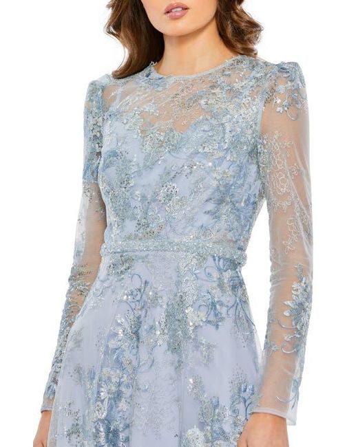 Mac Duggal Embellished Illusion Long Sleeve Midi Dress in Blue | Lyst