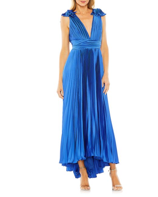 Ieena For Mac Duggal Ruffle Shoulder Plissé Gown In Blue Lyst