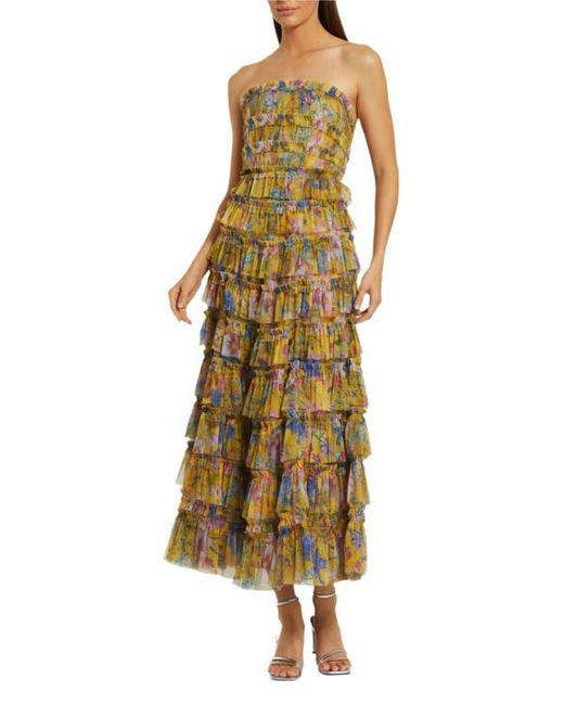 Mac Duggal Ruffle Mesh Strapless Midi Dress in Yellow | Lyst