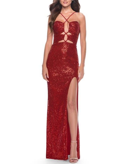 La Femme Stretch Sequin Dress With Unique Front Cut Outs in Red | Lyst