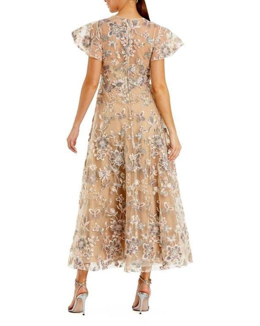 Mac Duggal Embroidered Floral Mesh A-Line Midi Dress in Natural | Lyst