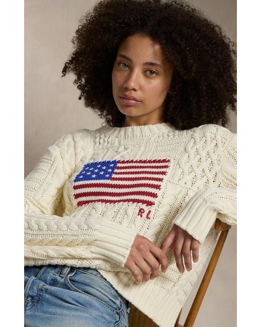 Polo Ralph Lauren Aran Stitch American Flag Cotton Crewneck Sweater in ...