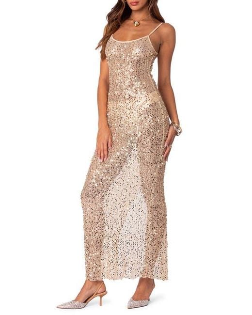 Edikted Sheer Mesh Sequin Maxi Dress in Natural | Lyst