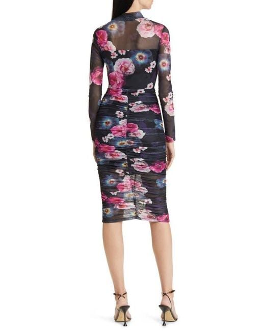 Bebe Floral Ruched Mesh Long Sleeve Midi Dress in Blue | Lyst