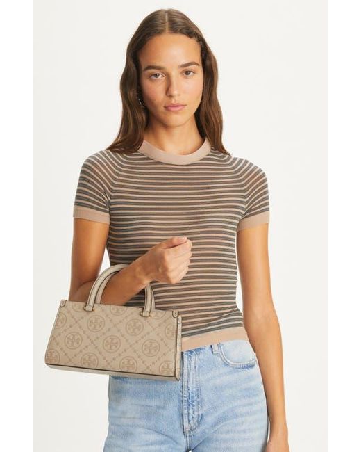 Tory Burch Small T Monogram Embossed Leather Tote in Natural | Lyst