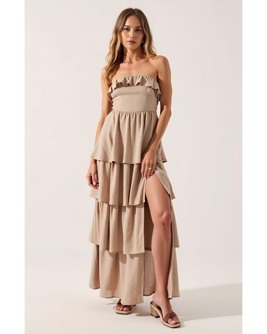 Modenaire Strapless Tiered Ruffle Maxi Dress With High Slit in Pink | Lyst