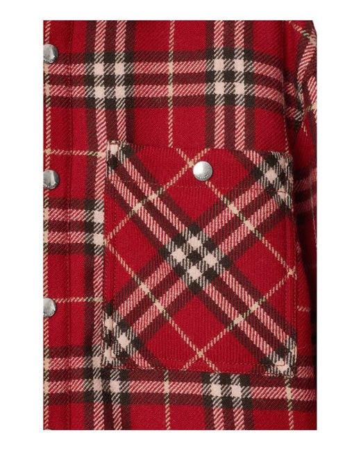 Burberry Check Wool Overshirt in Red | Lyst