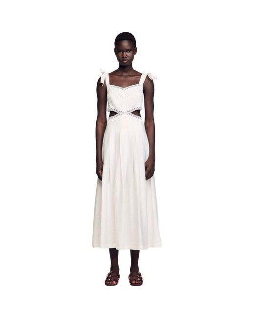 Sandro Lace Trim Maxi Dress in Natural | Lyst