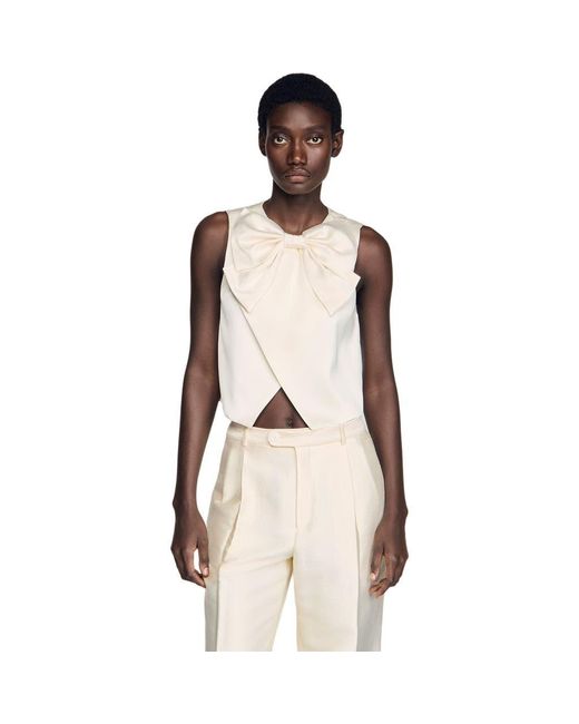 Sandro Satin Bow Crop Top in Natural | Lyst