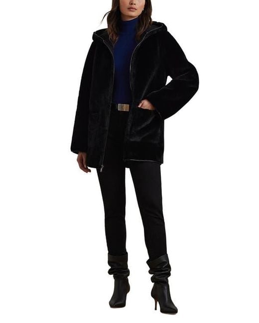 Ralph Lauren Reversible Hooded Faux Fur Coat in Black | Lyst