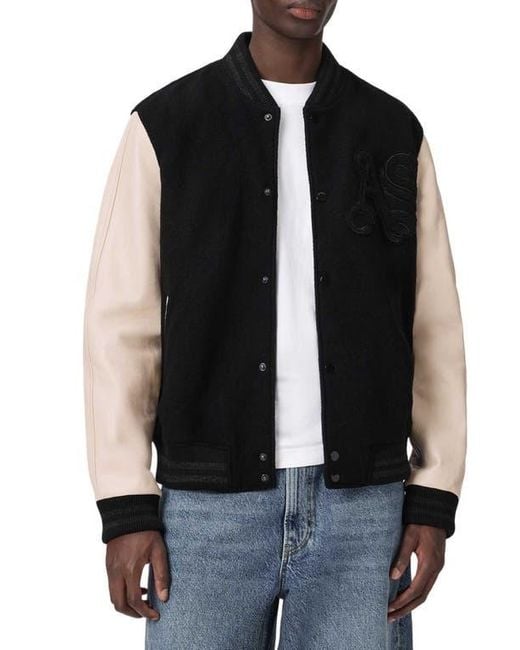AllSaints Holloway Wool & Leather Varsity Bomber Jacket in Black for ...