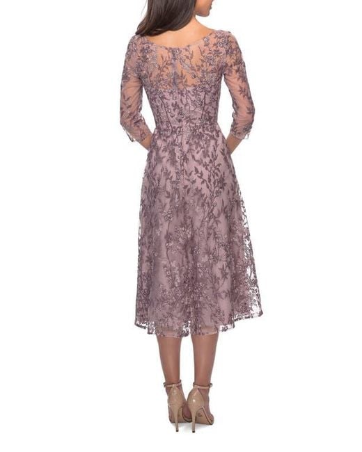 La Femme Tea Length Embroidered Dress With Sheer Sleeves in Purple | Lyst