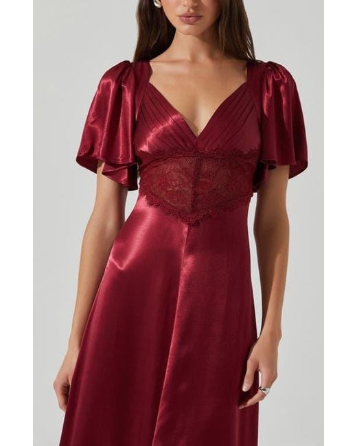 Astr Aurelia Flutter Sleeve Lace & Satin Dress in Red | Lyst