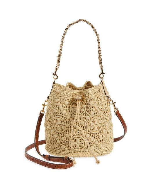 Tory Burch T Monogram Raffia Bucket Bag in Natural | Lyst