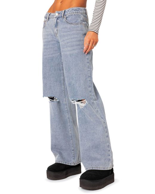 Edikted Debbie Ripped Low Rise Wide Leg Jeans in Blue | Lyst