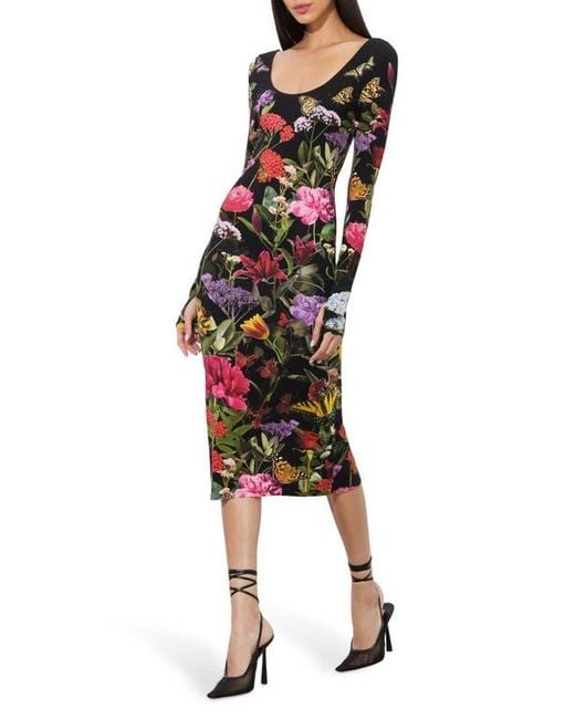 Alice + Olivia Delora Floral Long Sleeve Body-Con Midi Dress in Black ...