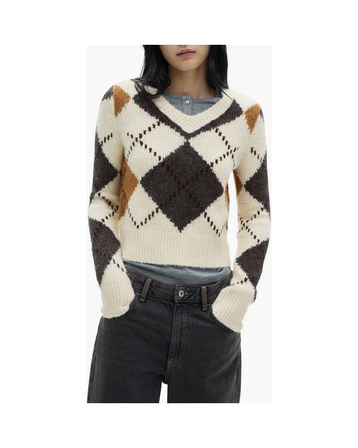 Mango Argyle V-Neck Sweater in Gray | Lyst