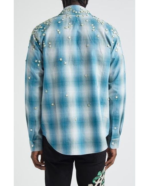 Amiri Floral & Crystal Embellished Plaid Flannel Button-Up Shirt in ...