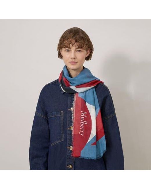 Mulberry Cashmere Logo Square Scarf in Blue | Lyst