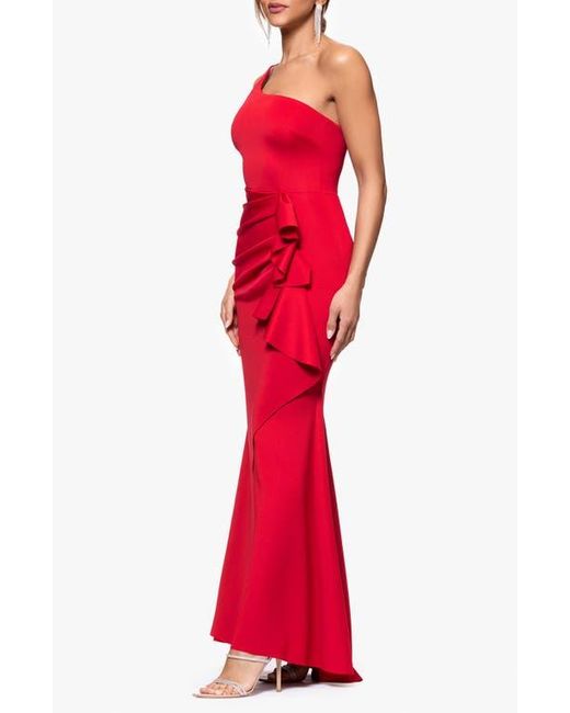 Xscape Evenings Xscape One-Shoulder Scuba Ruffle Gown in Red | Lyst