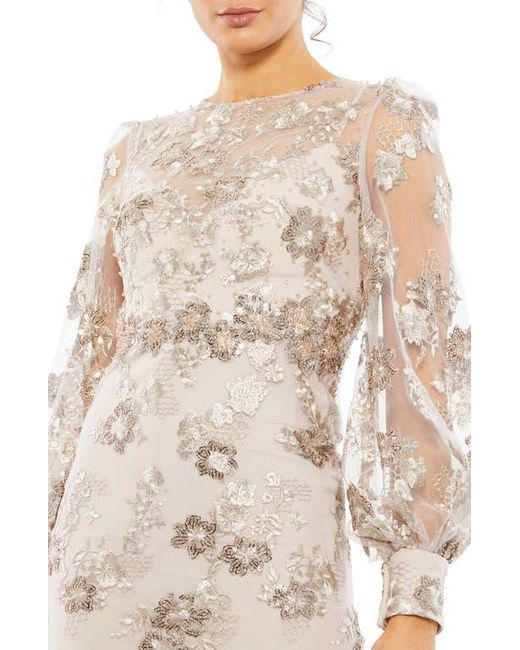 Mac Duggal Embellished High Neck Illusion Long Sleeve Midi Dress in Natural | Lyst