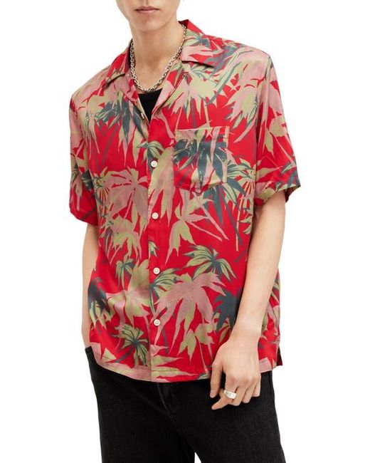AllSaints Hudson Oversize Palm Tree Print Camp Shirt in Red for Men | Lyst