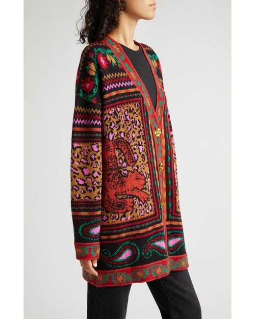 FARM Rio Tapestry Jacquard Cardigan in Red | Lyst