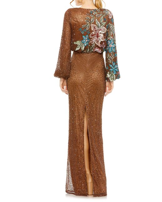 Mac Duggal Embellished Sequin Long Sleeve Blouson Gown In Natural Lyst