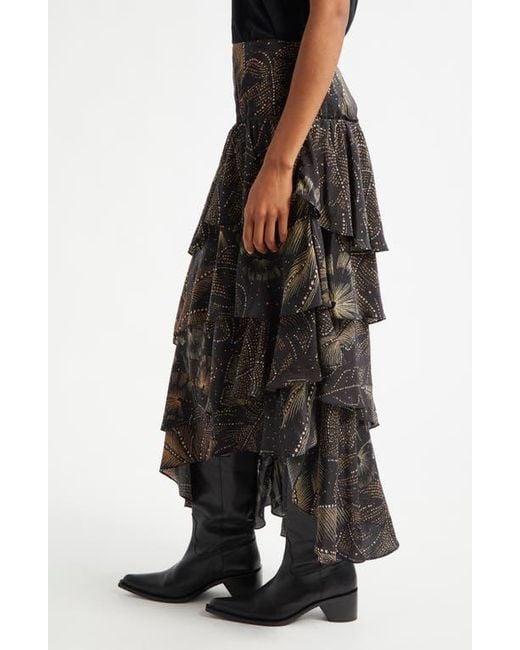 FARM Rio Golden Foliage Layered Ruffle Maxi Skirt in Black | Lyst