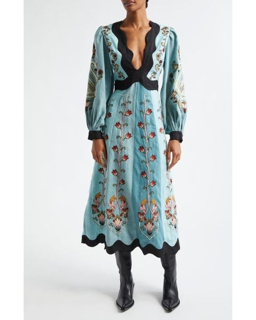 FARM Rio Floral Embroidered Long Sleeve Cutout Linen Midi Dress in Blue ...