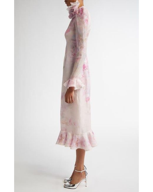 Zimmermann Floral Long Sleeve Organza Midi Dress in Pink | Lyst