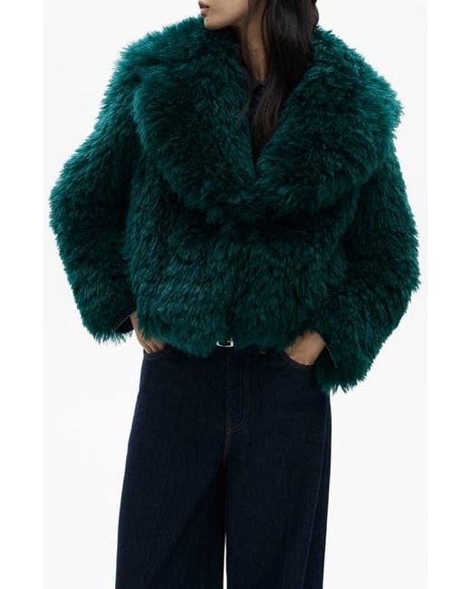 Mango Shaggy Faux Fur Jacket in Green | Lyst