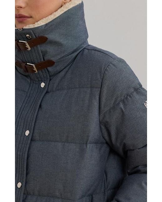 Ralph Lauren Chambray Puffer Jacket With Faux Shearling Collar in Gray | Lyst